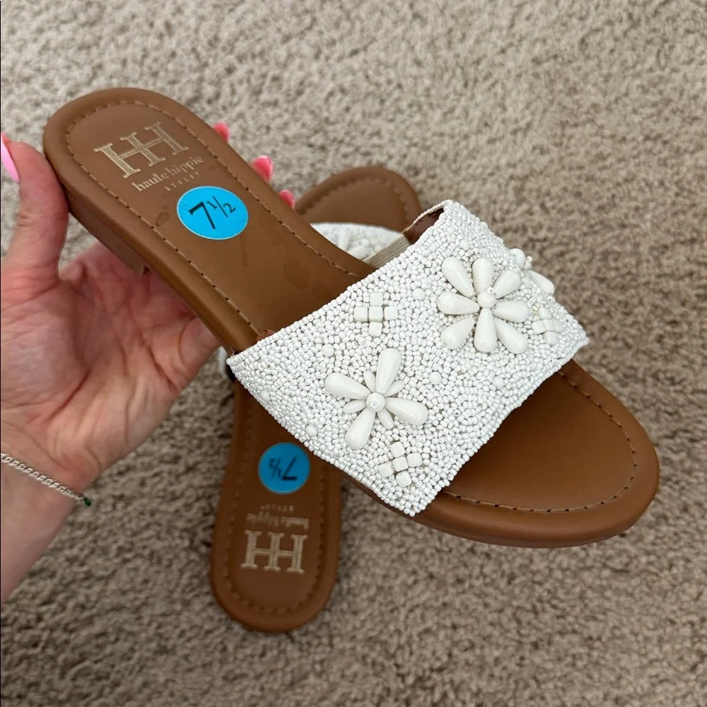 Haute Hippie | Shoes | Haute Hippie White Beaded Daisy Slide Sandals ...